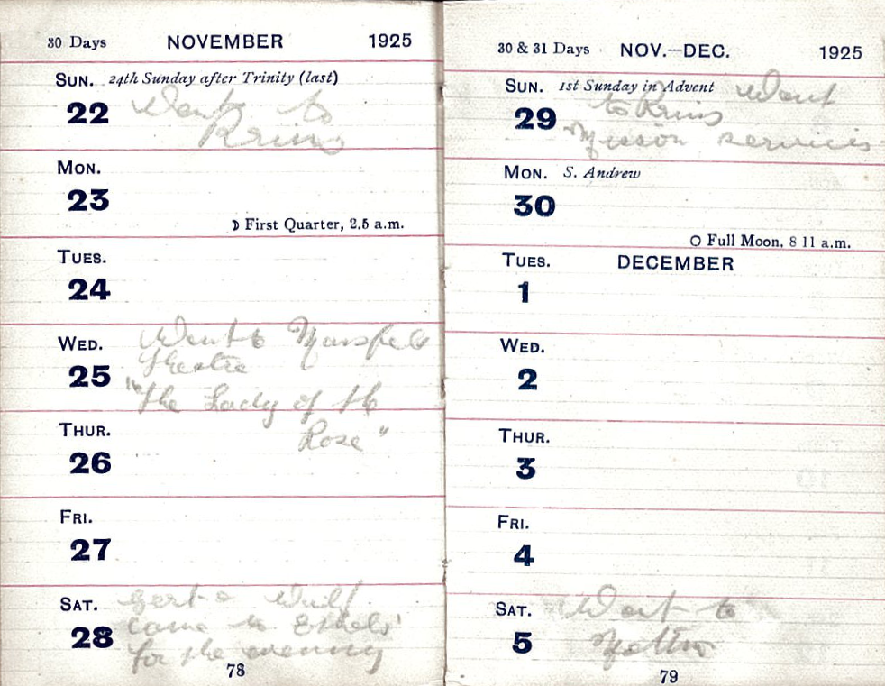 Wednesday 25 November 1925 - Drew Family Diaries